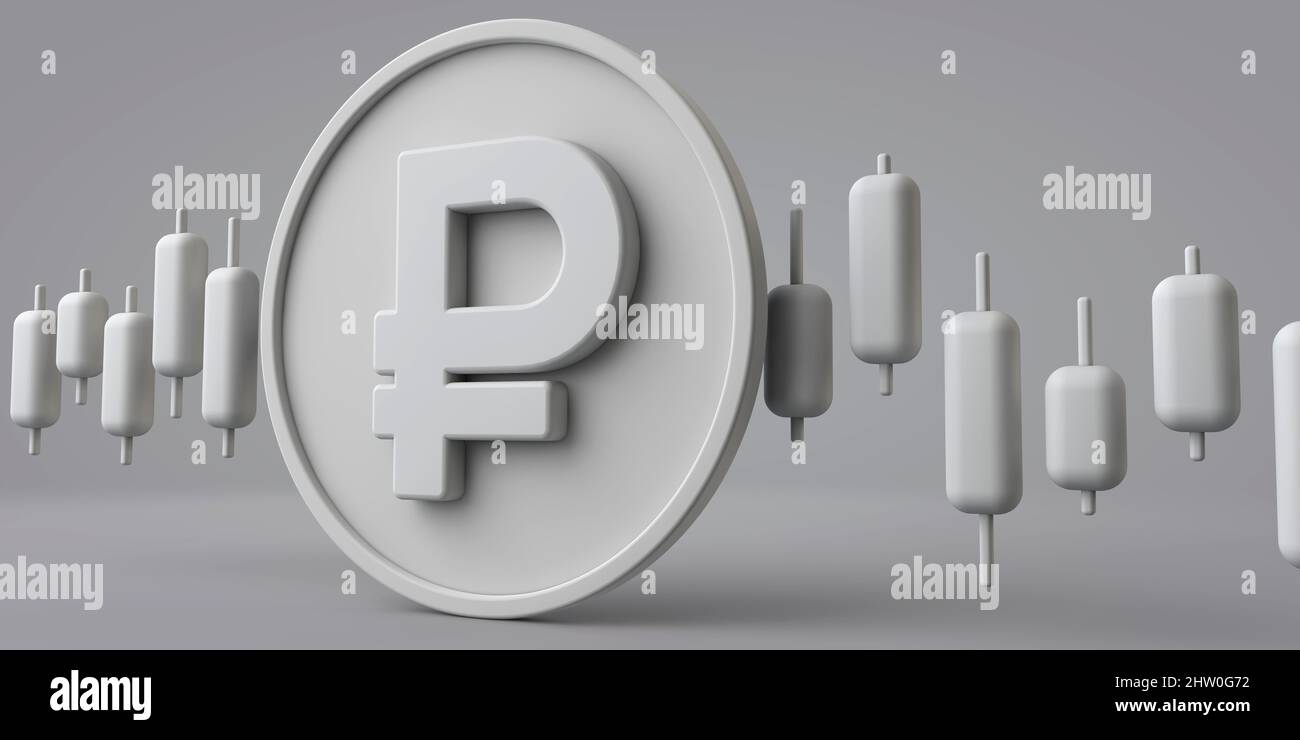 Russian ruble currency coin with financial trading graph. 3D Rendering ...
