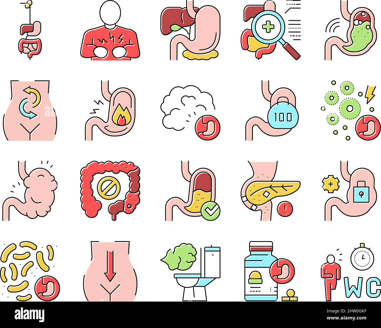 Digestion Disease And Treatment Icons Set Vector Stock Vector Image ...