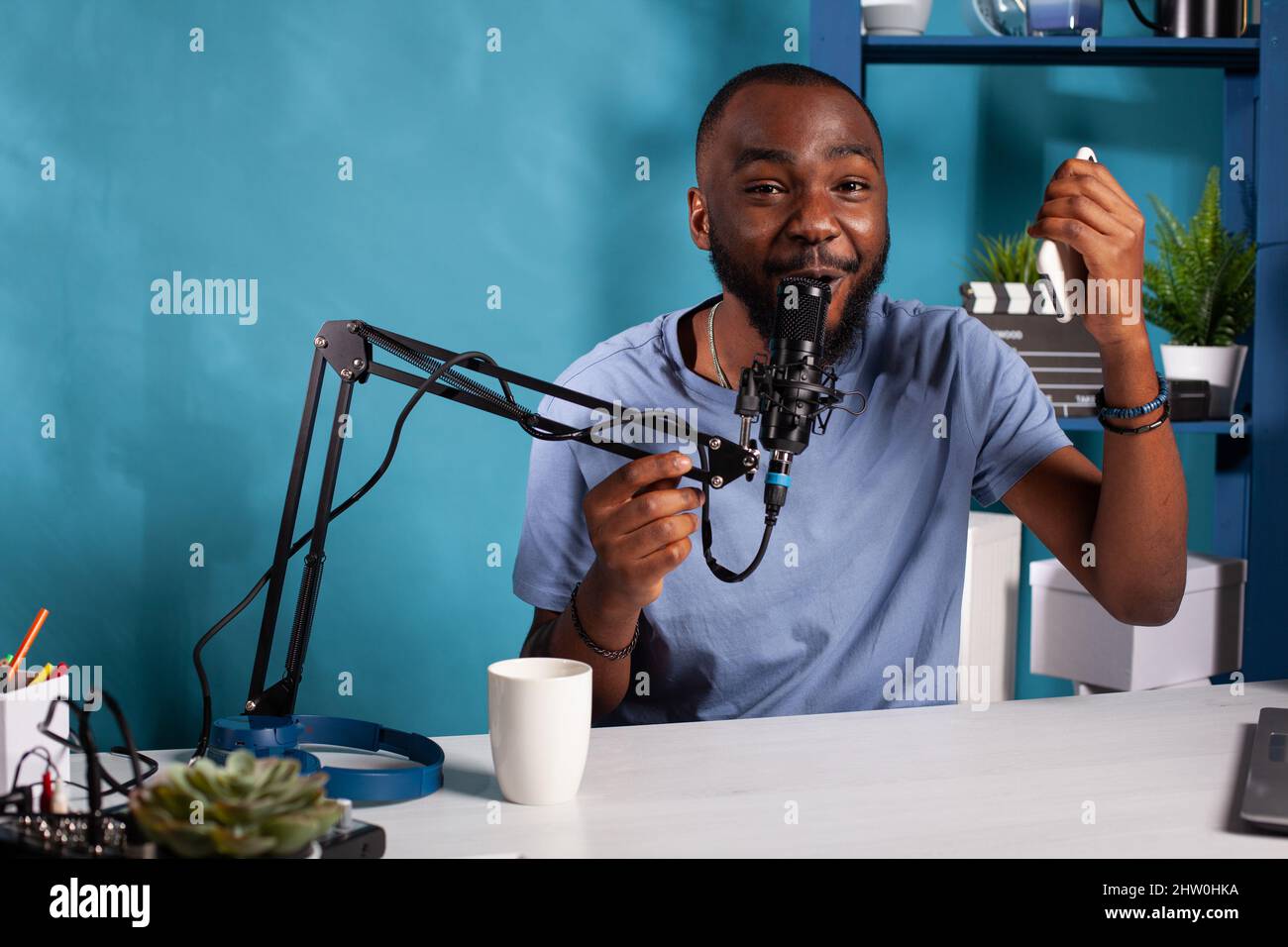 Content creator feeling joy after receiving positive feedback talking ...