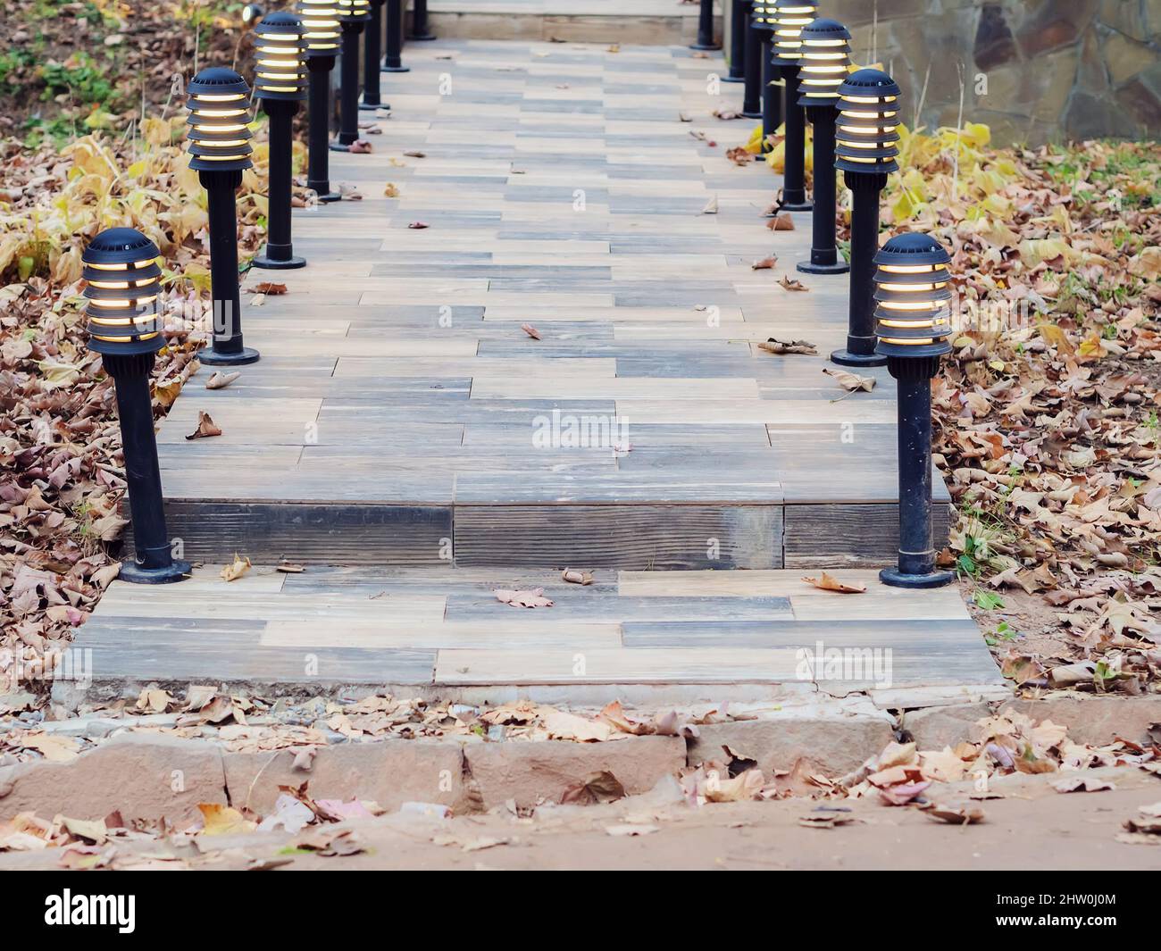 Tiled path with steps and street lamps arranged in row along it ...
