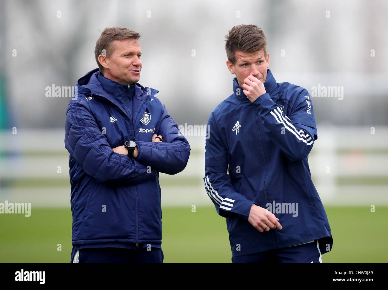 Leeds United manager Jesse Marsch (left) and coach Franz Schiemer ...
