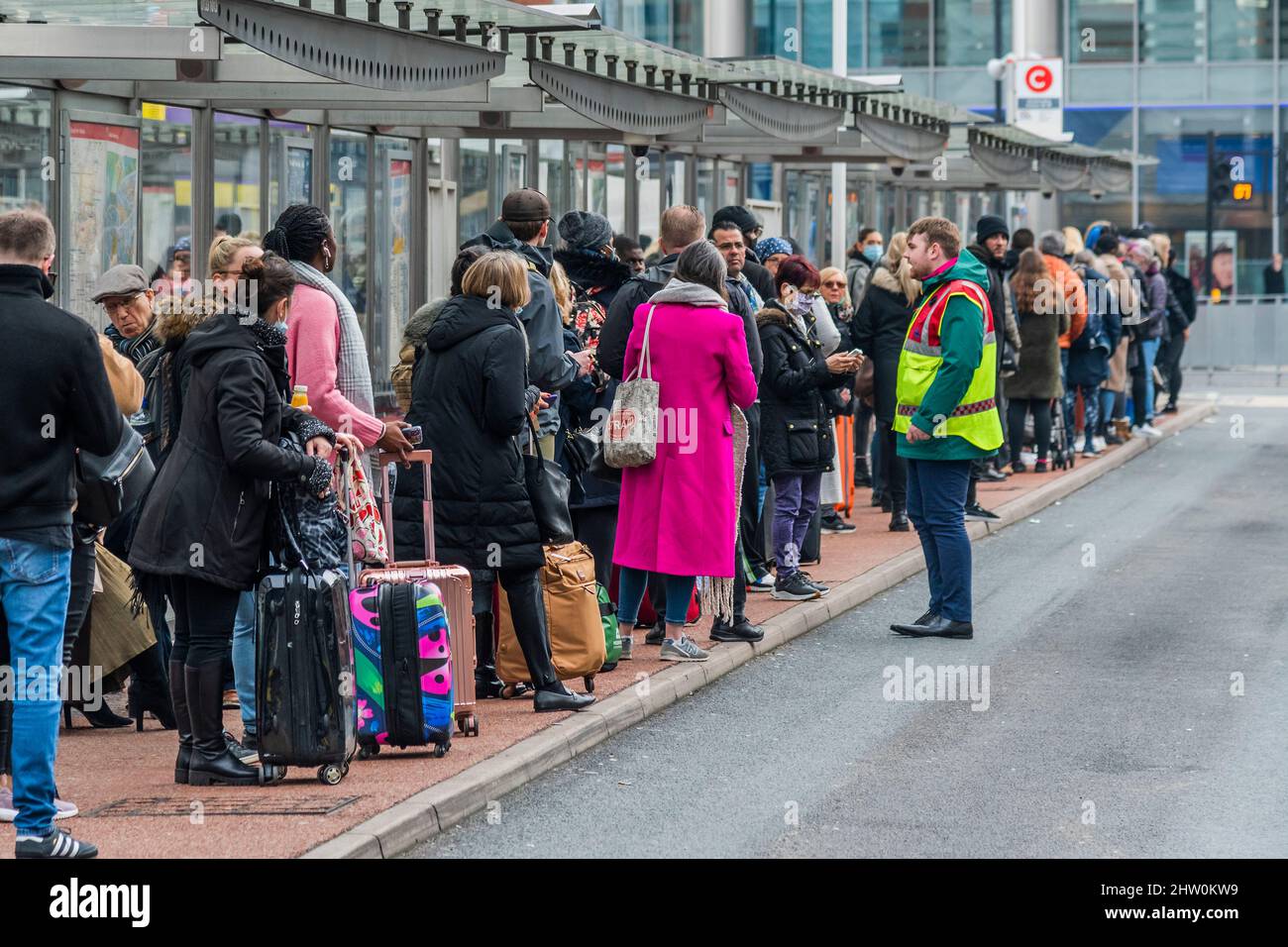 London, UK. 3rd Mar, 2022. Long queues for buses at Victoria mid ...