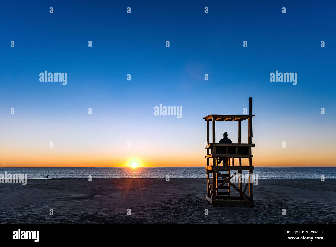 Solitary person watches the ocean sunrise, Cape Cod National Seashore ...