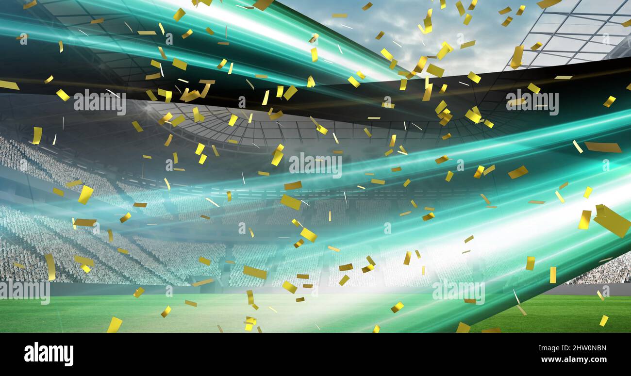 Image of gold confetti falling over green light trails in sports ...