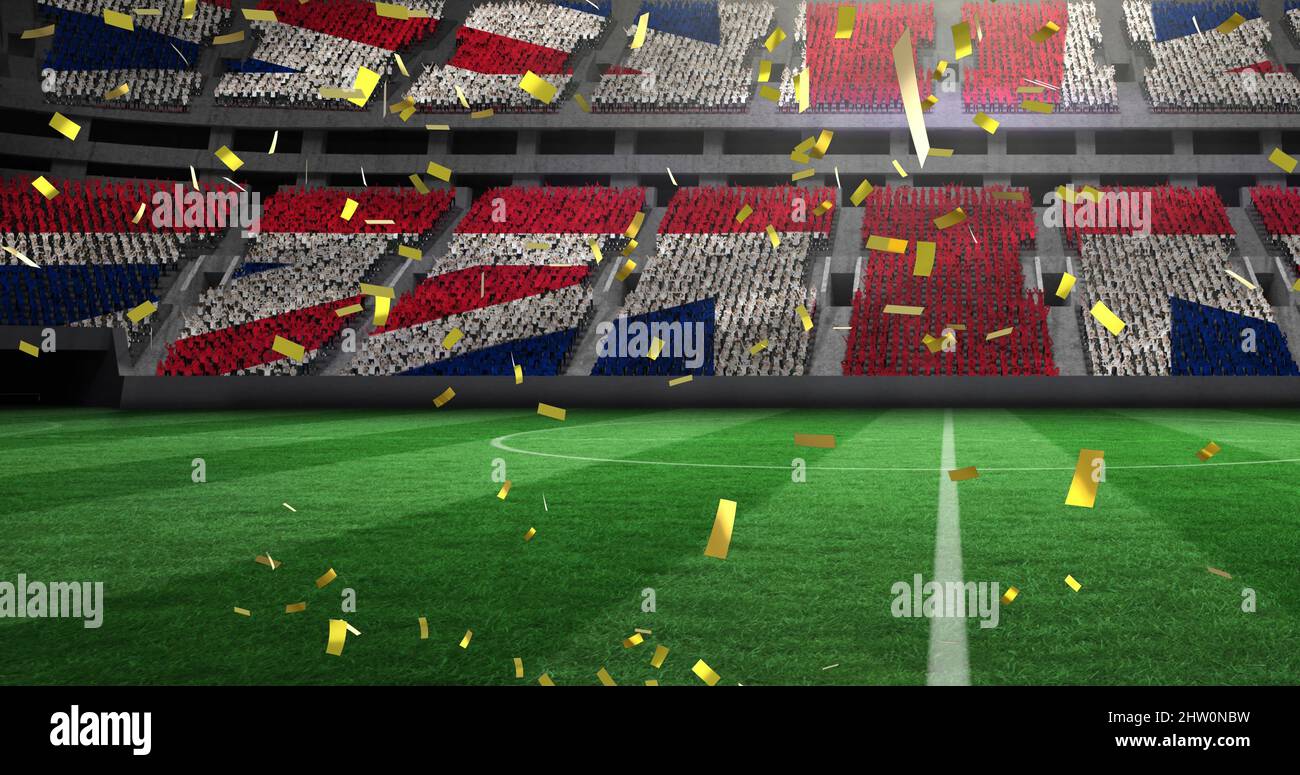 Image of gold confetti falling over flag of united kingdom in sports ...