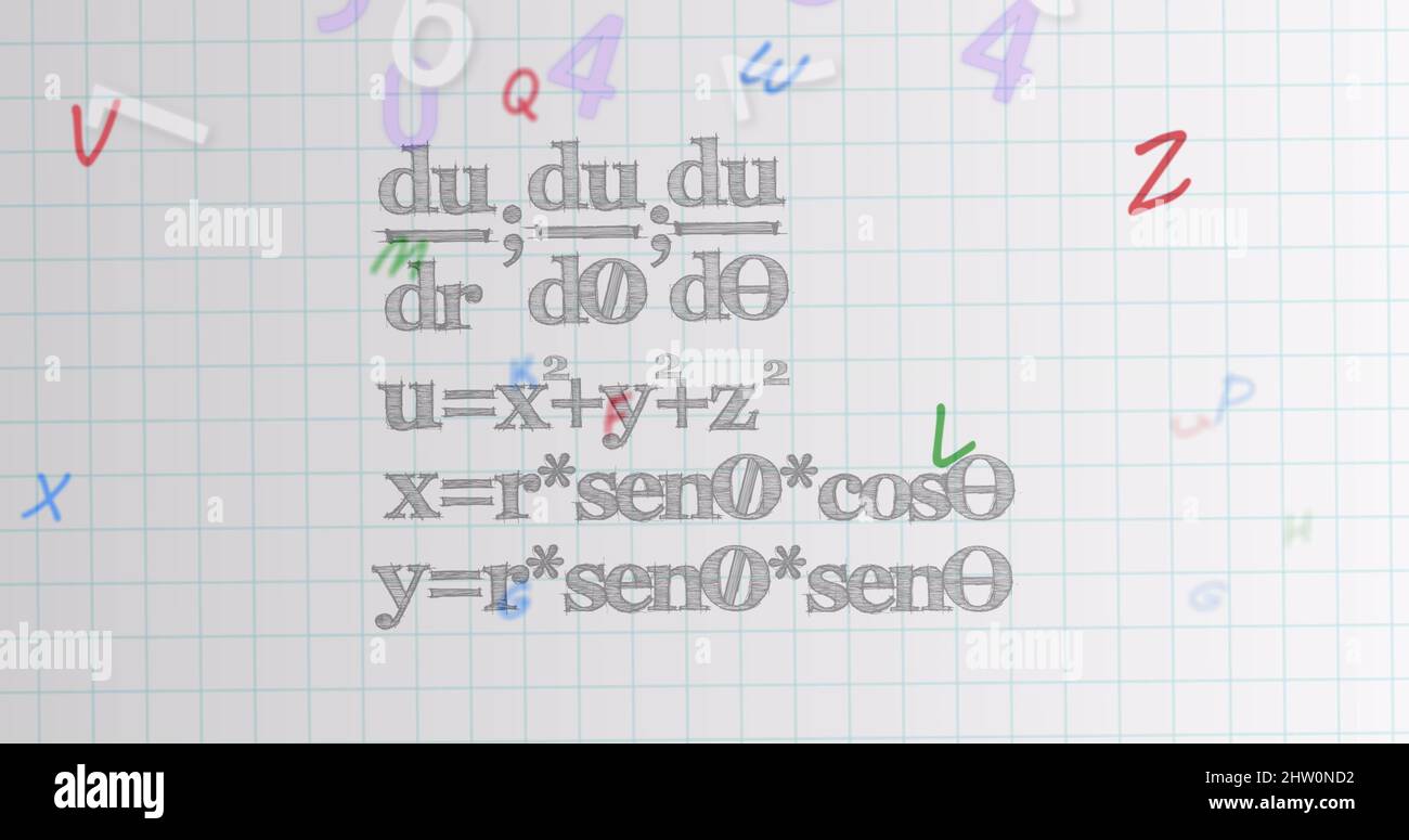 Image of falling numbers over mathematical equations in school notebook ...