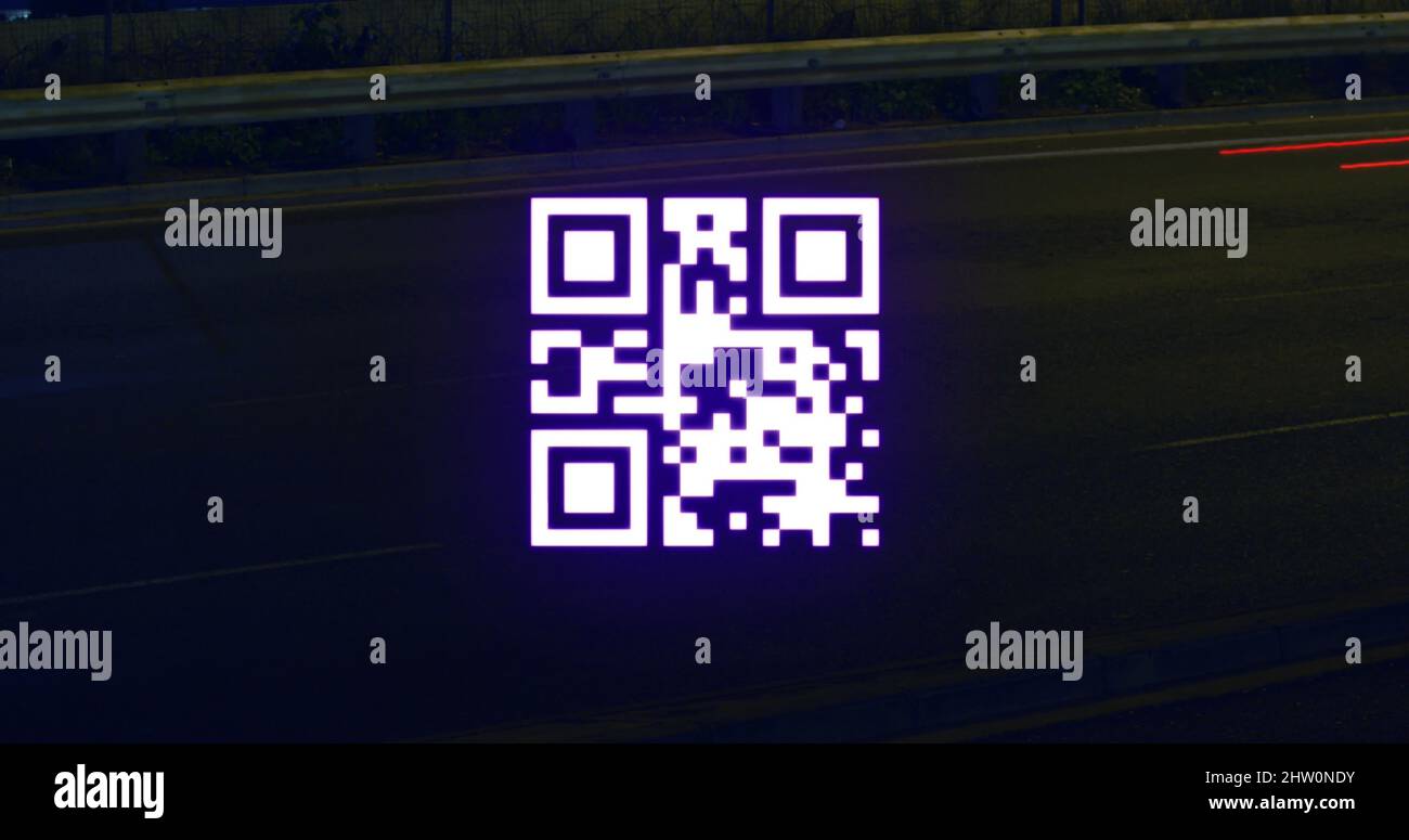 Image of glowing qr code over red light trails Stock Photo - Alamy