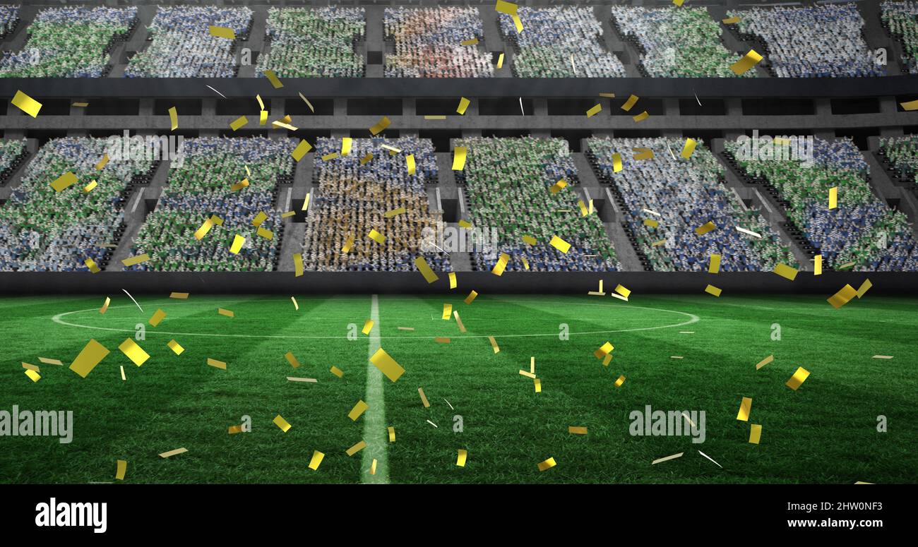 Image of gold confetti falling over sports stadium Stock Photo - Alamy