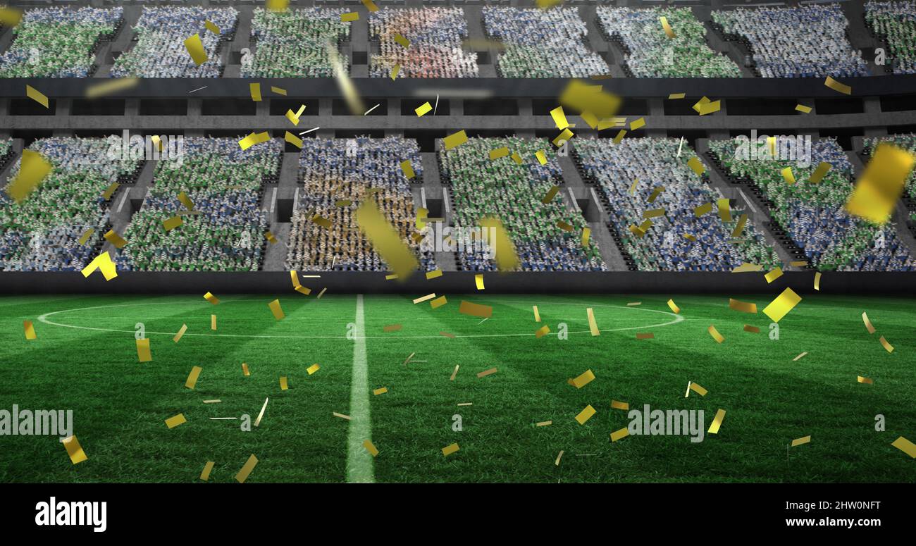 Image of gold confetti falling over sports stadium Stock Photo - Alamy