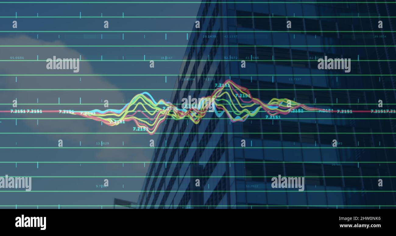 Image of financial data processing over modern office block Stock Photo ...