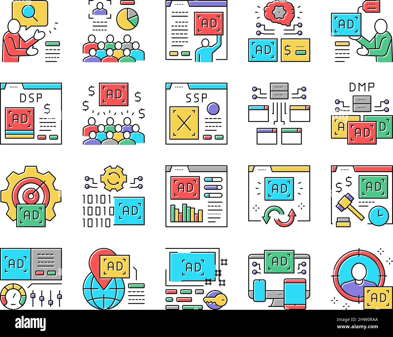 Programmatic Advertising Service Icons Set Vector Stock Vector Image ...