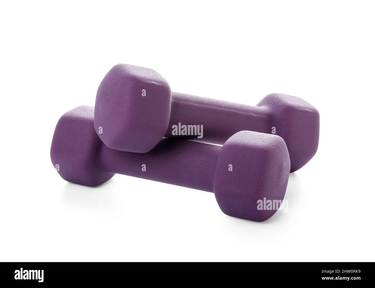 Stylish purple dumbbells on white background Stock Photo - Alamy