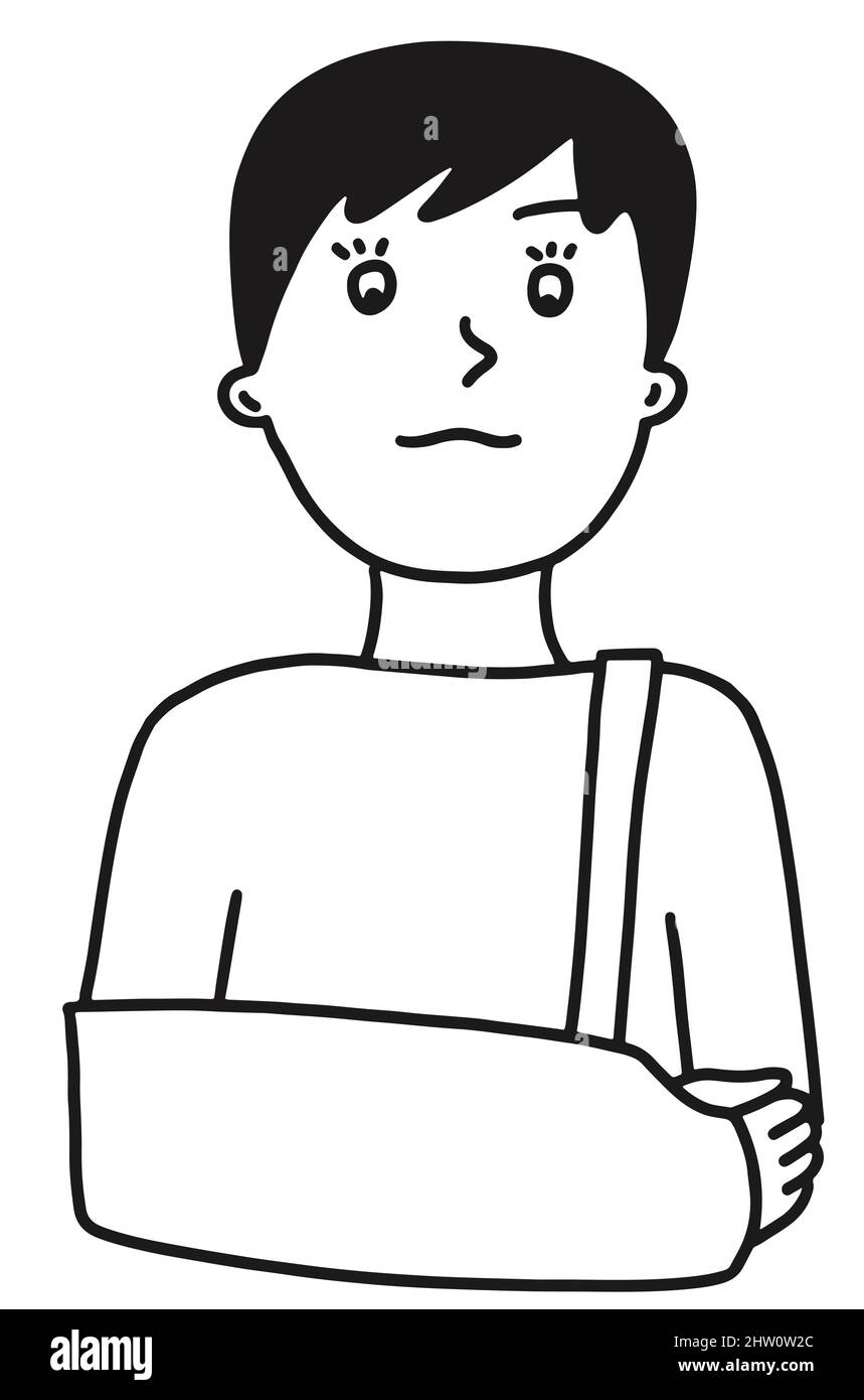 Sad Boy With Broken Arm in Plaster Cast. Child with bandaged doodle ...