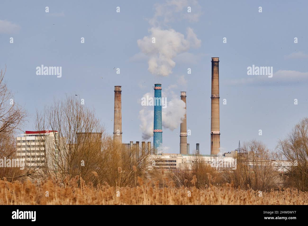 Industrial pollution concept with funnels and thick white smoke rising ...