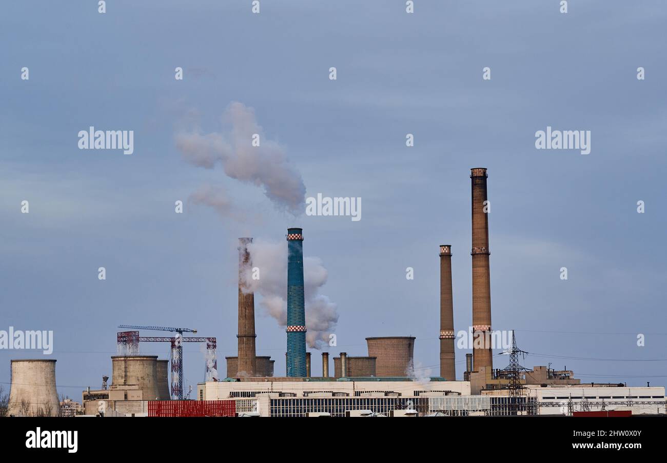 Industrial pollution concept with funnels and thick white smoke rising ...