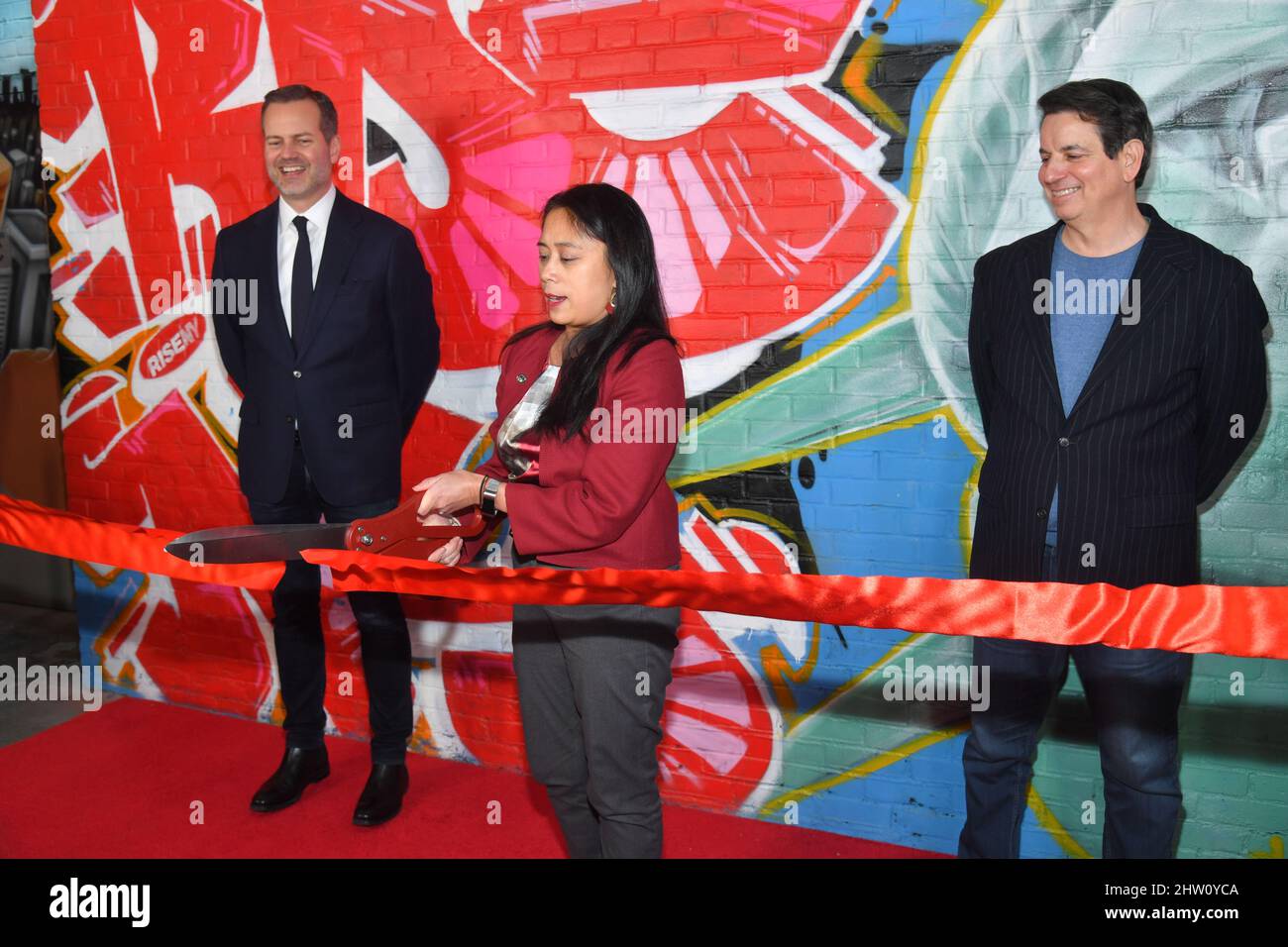 Fred Dixon, James Sanna and Anne del Castillo attend the RiseNY opening ...