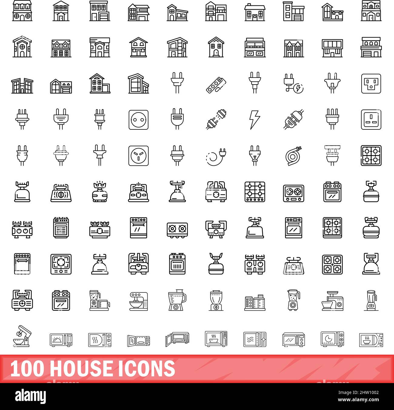 100 house icons set. Outline illustration of 100 house icons vector set ...