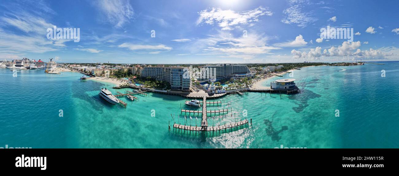 Panoramic aerial view of the beautiful sunny beach with resorts in the ...