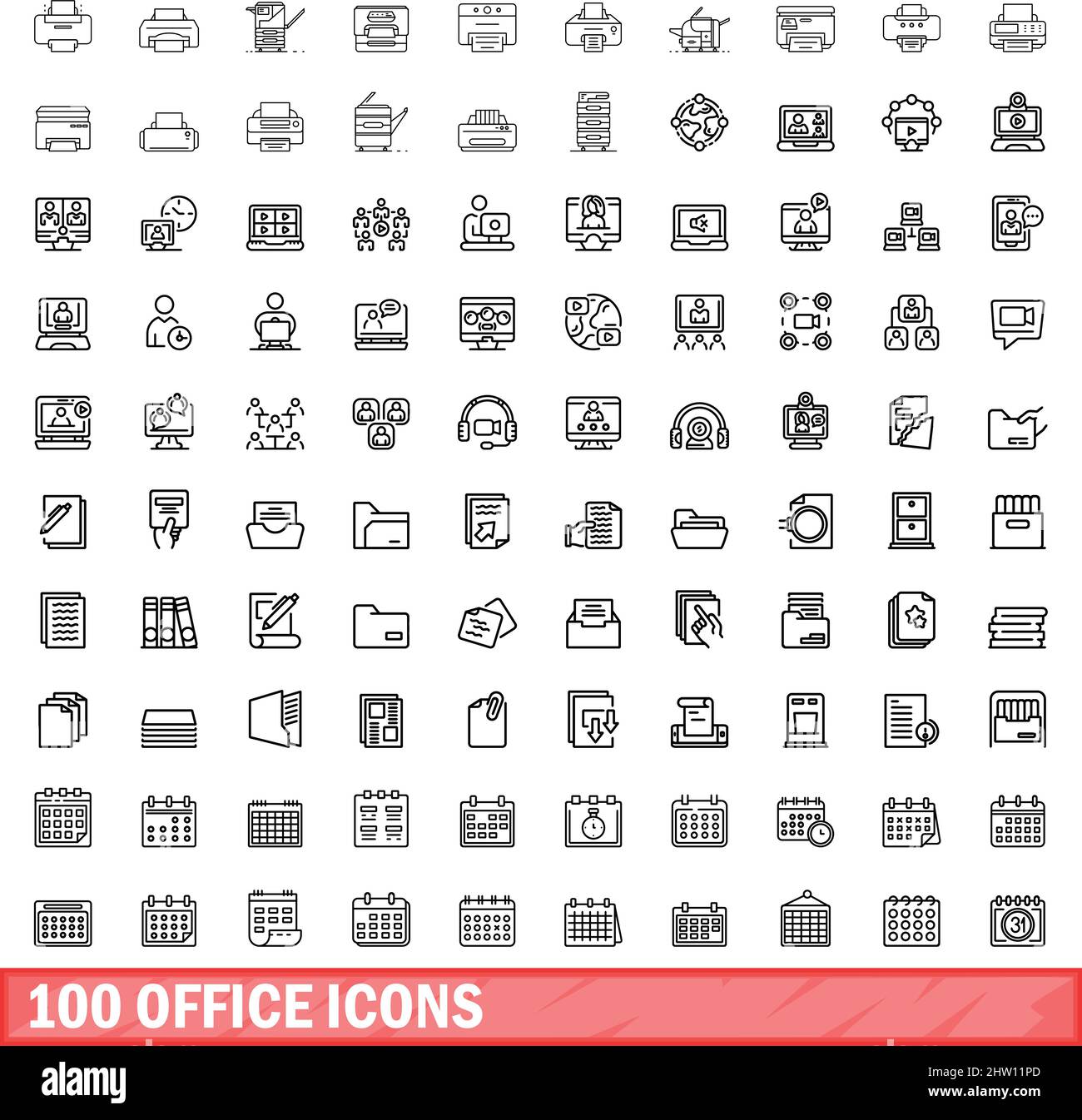 100 office icons set. Outline illustration of 100 office icons vector ...