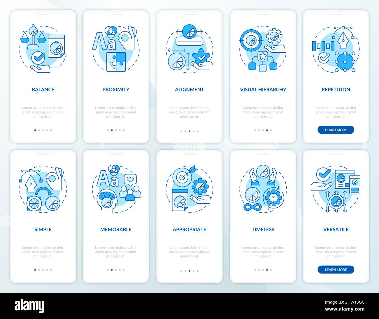 Design Principles Blue Onboarding Mobile App Screen Set Stock Vector Image And Art Alamy
