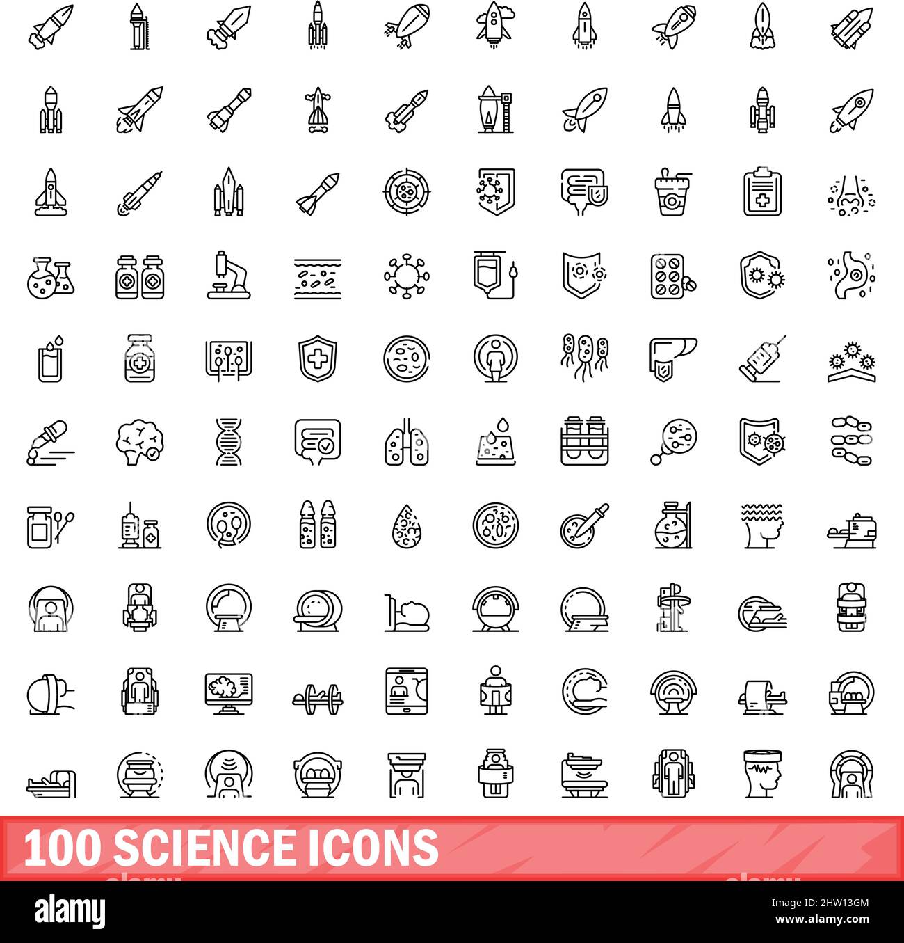 100 science icons set. Outline illustration of 100 science icons vector ...