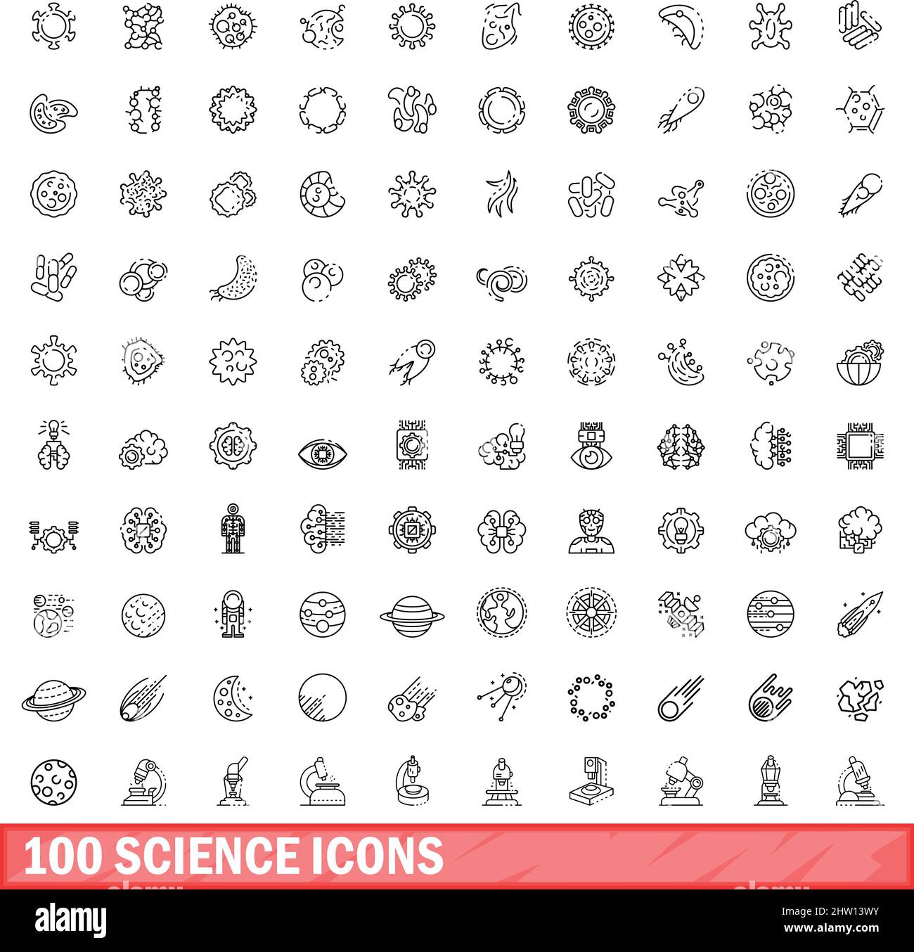 100 science icons set. Outline illustration of 100 science icons vector ...