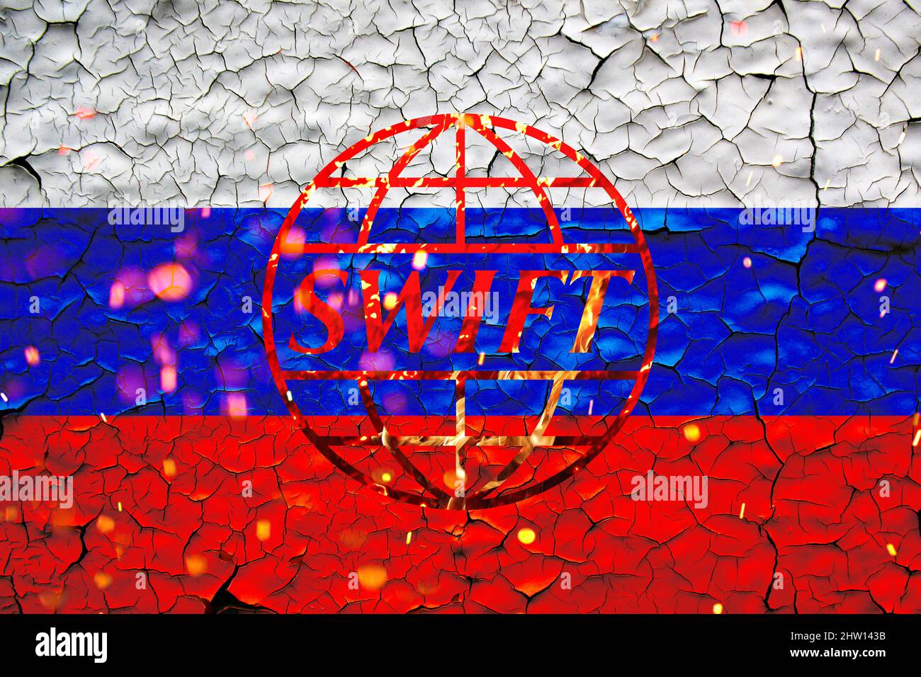 Swift sanctions against Russia by Western States concept. russian flag ...