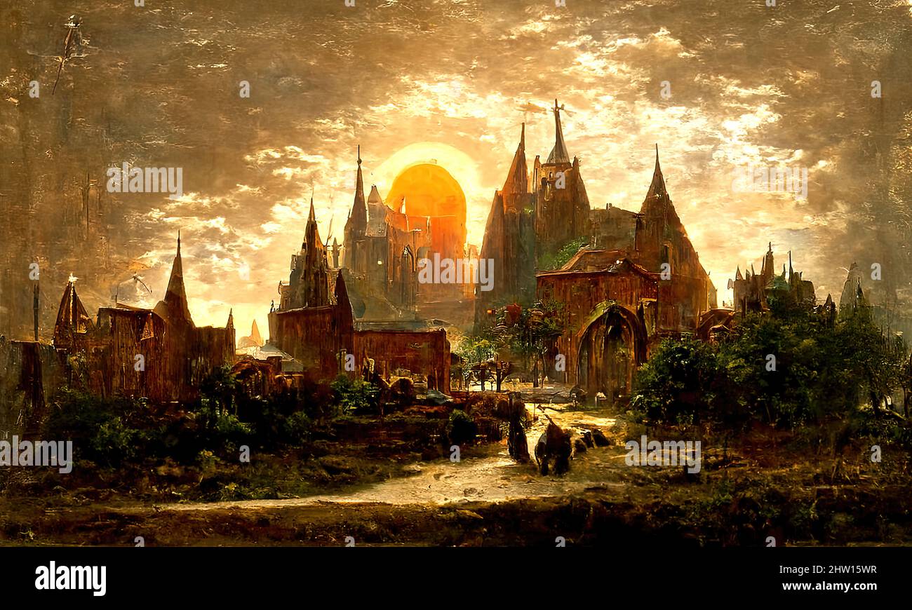 A medieval fantasy town seen at sunset, with its gothic structures ...