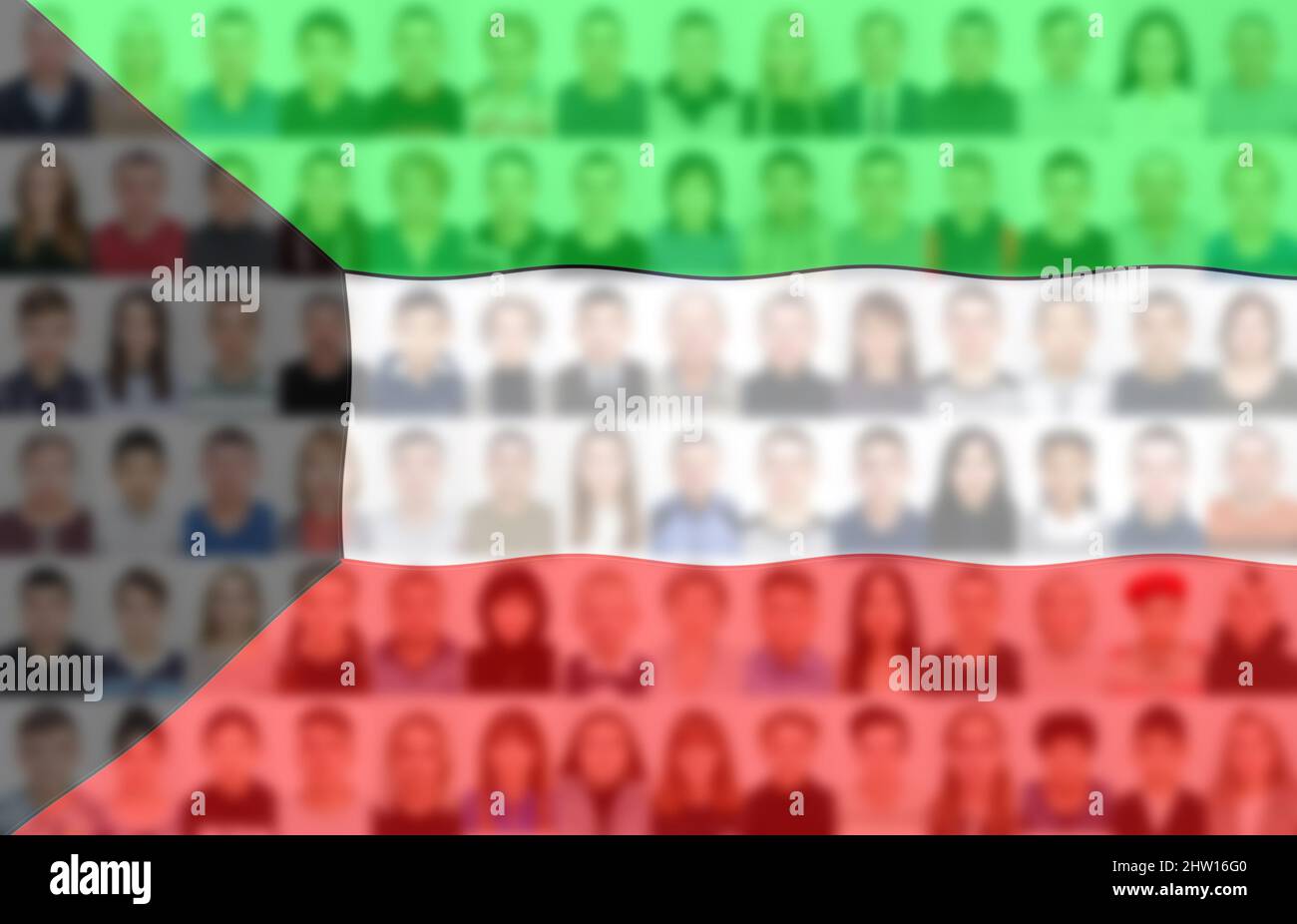 Portraits of many people on the background of the flag of Kuwait. The ...
