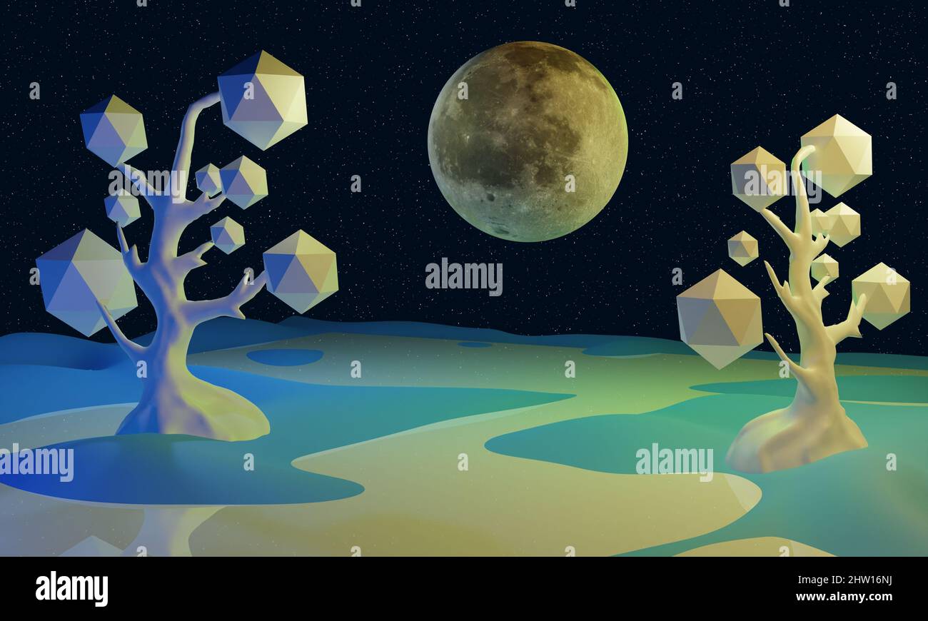 spring landscape with moon low poly trees 3d graphics, 3d render Stock ...