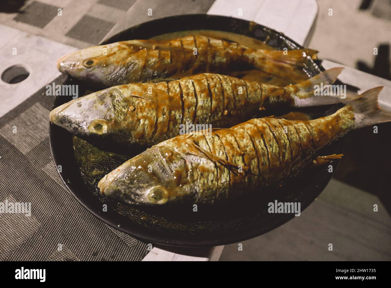Grilled Delicious Whole Fish on the Black Pan, Maafushi Island ...