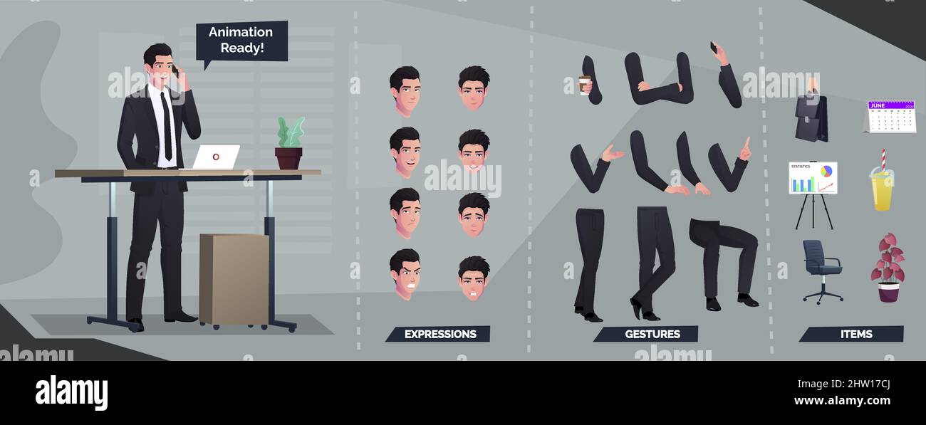 Business Character Set For Animation with Man Standing and Various ...