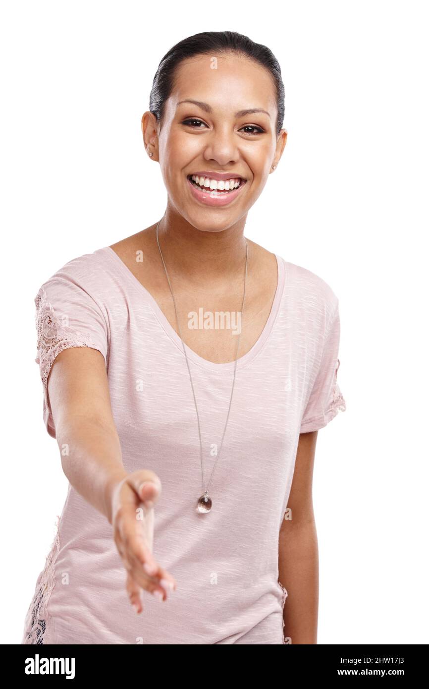 Welcome aboard. Cropped shot of a friendly young woman holding out her ...