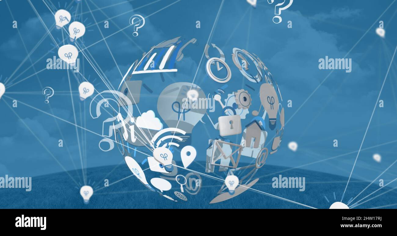 Image of question marks over globe with media icons over clouds Stock Photo - Alamy