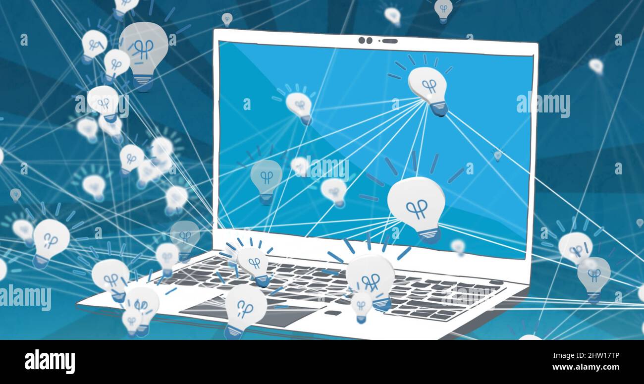 Image of network of connections with lightbulbs icons over laptop Stock ...