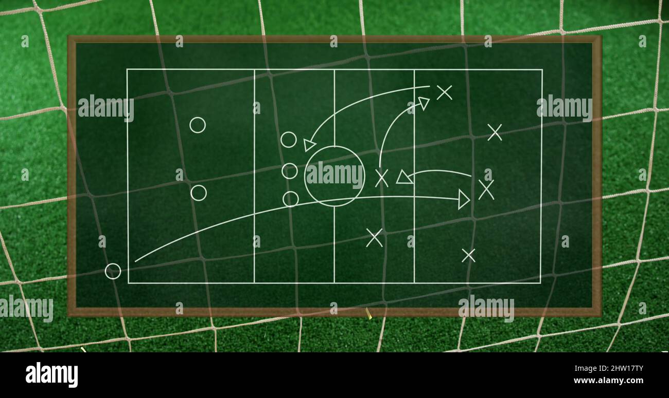Image of sports tactics over football field and football in goal in ...