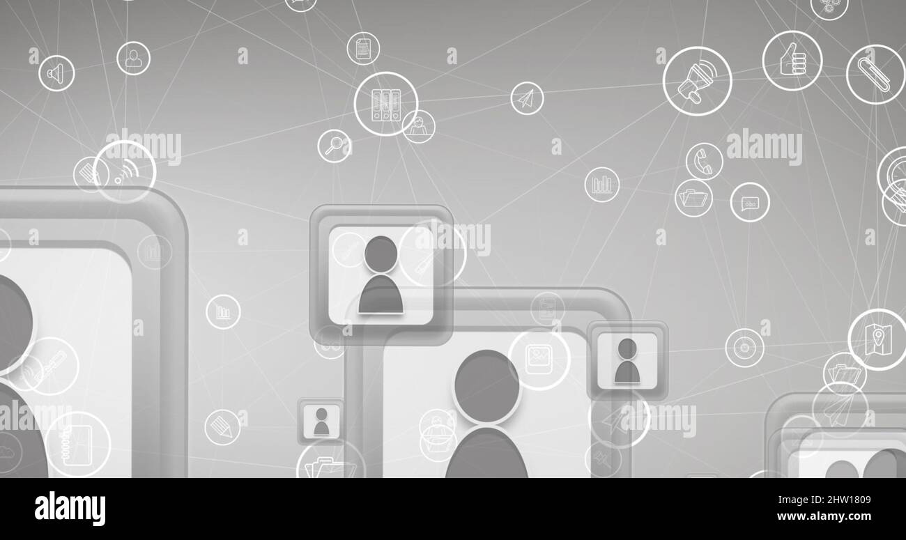 Image of network of connections with media icons on gray background ...