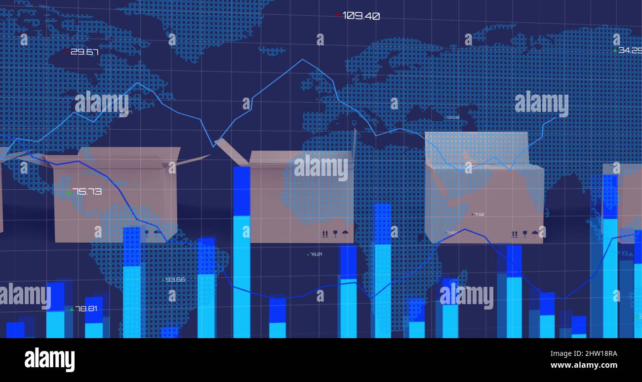 Image of data processing and cartons on blue background Stock Photo - Alamy