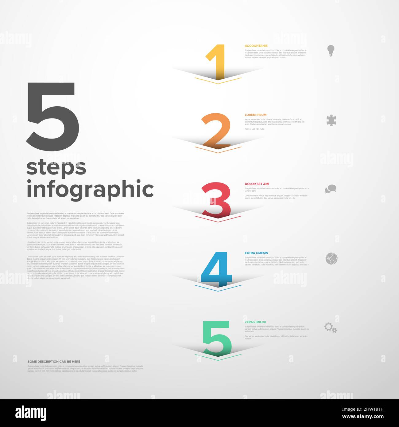 Vector five vertical steps progress template with big arrows and numbers with shadow cut from ...