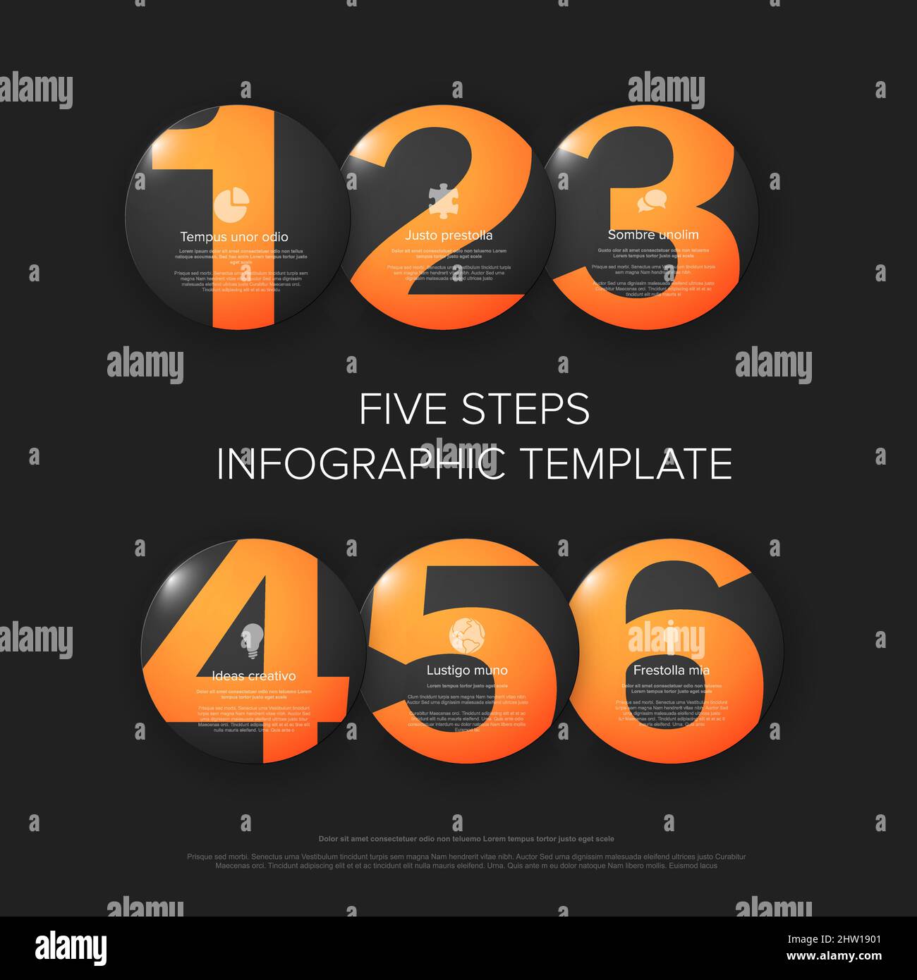 Vector dark six circle progress button steps template with descriptions, icons and big orange ...