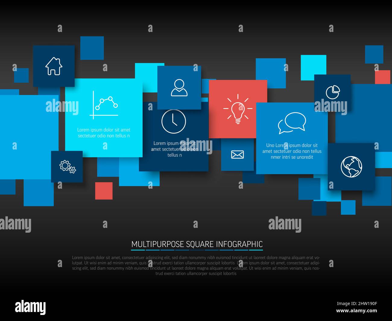 Vector infographic diagram with various blue descriptive squares on ...