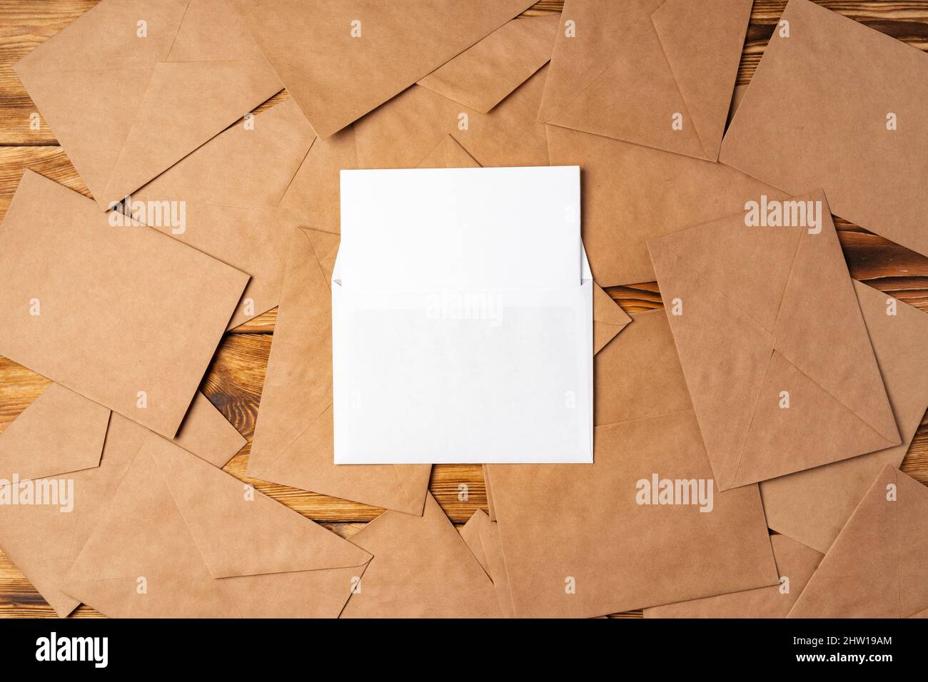 Stack of envelopes on working desk top view. Business mail Stock Photo ...