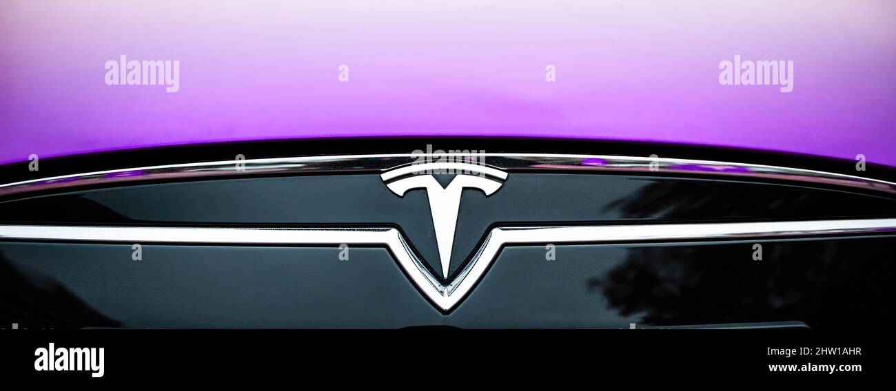 Paris, France - Nov 29, 2014: Logotype of Tesla Motors ona new electric ...