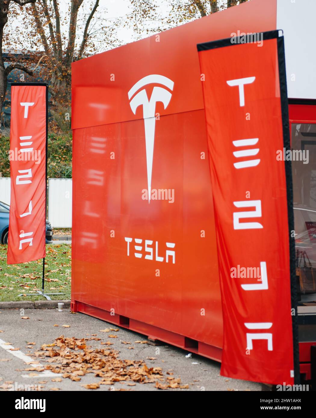 Paris, France - Nov 29, 2014: Flags of Tesla next to the mobile ...