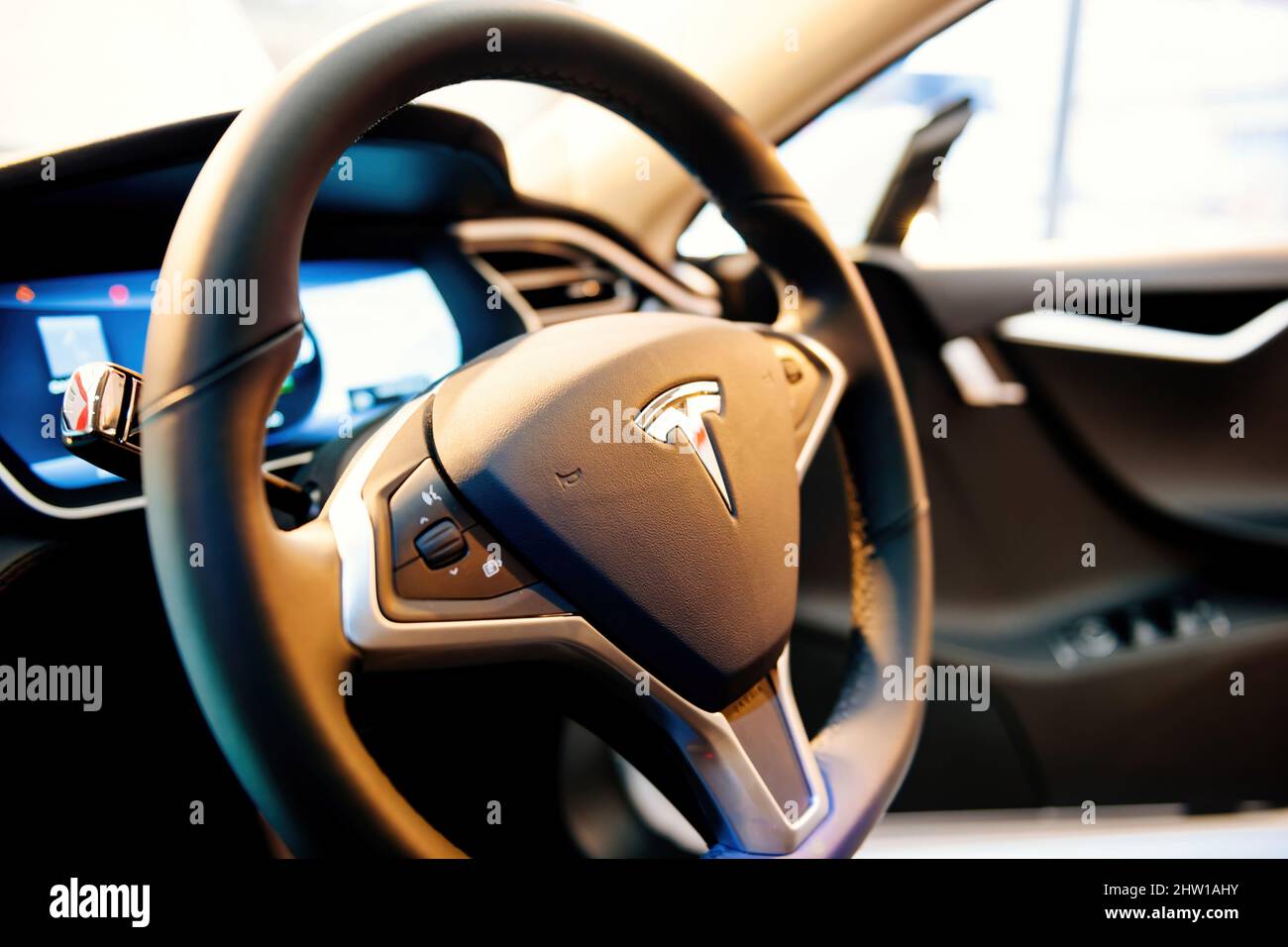 Paris, France - Nov 29, 2014: Steering wheel of a new Tesla Model S 3 ...