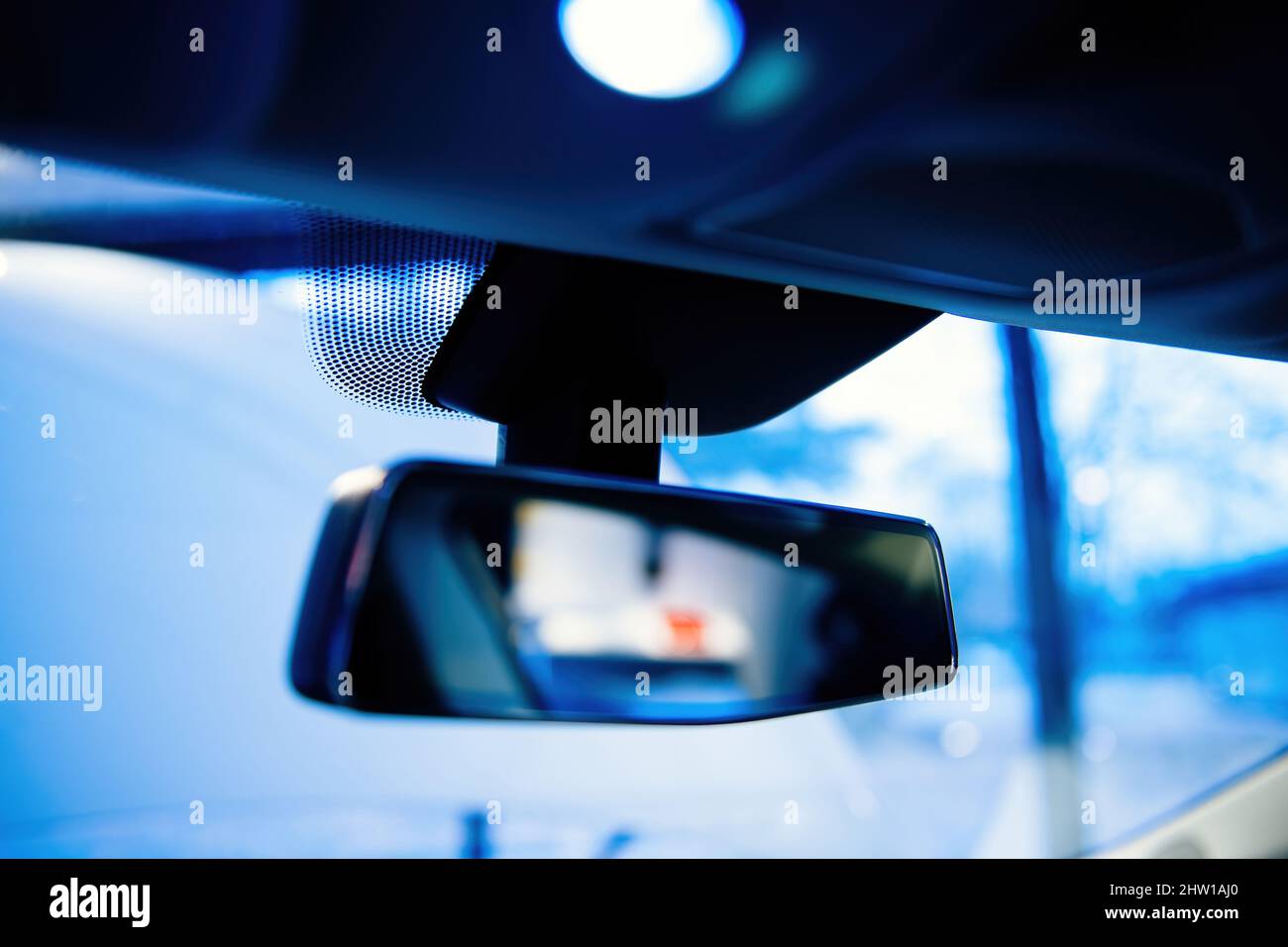Paris, France - Nov 29, 2014: Interior rear view mirror of new Tesla ...