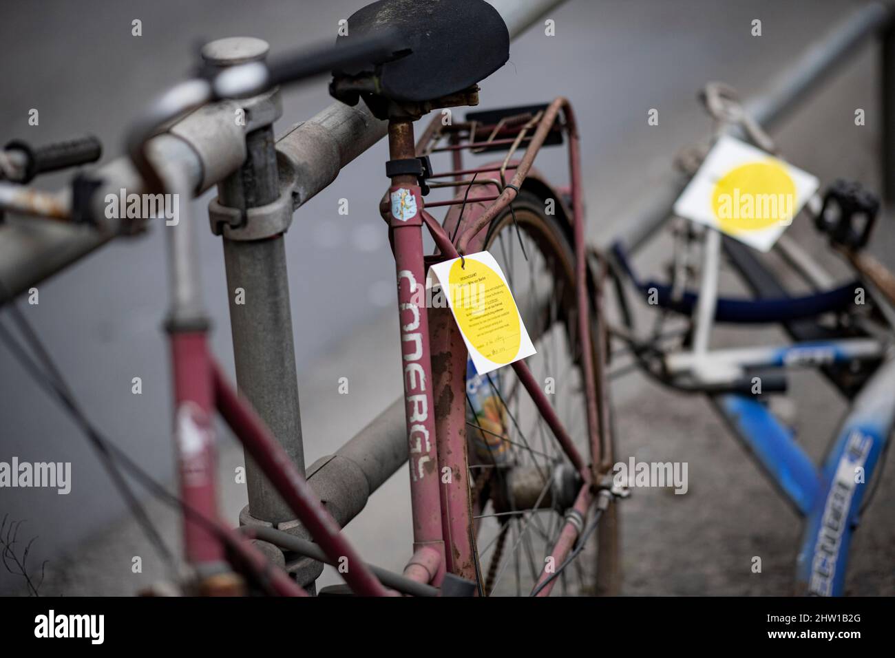 Berlin, Germany. 03rd Mar, 2022. Several scrap bicycles stand at the S ...