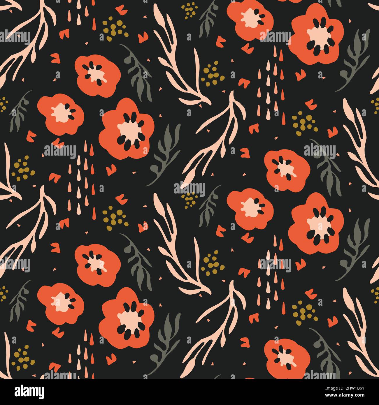 Dark boho flowers seamless pattern in trendy ditsy wildflower style ...