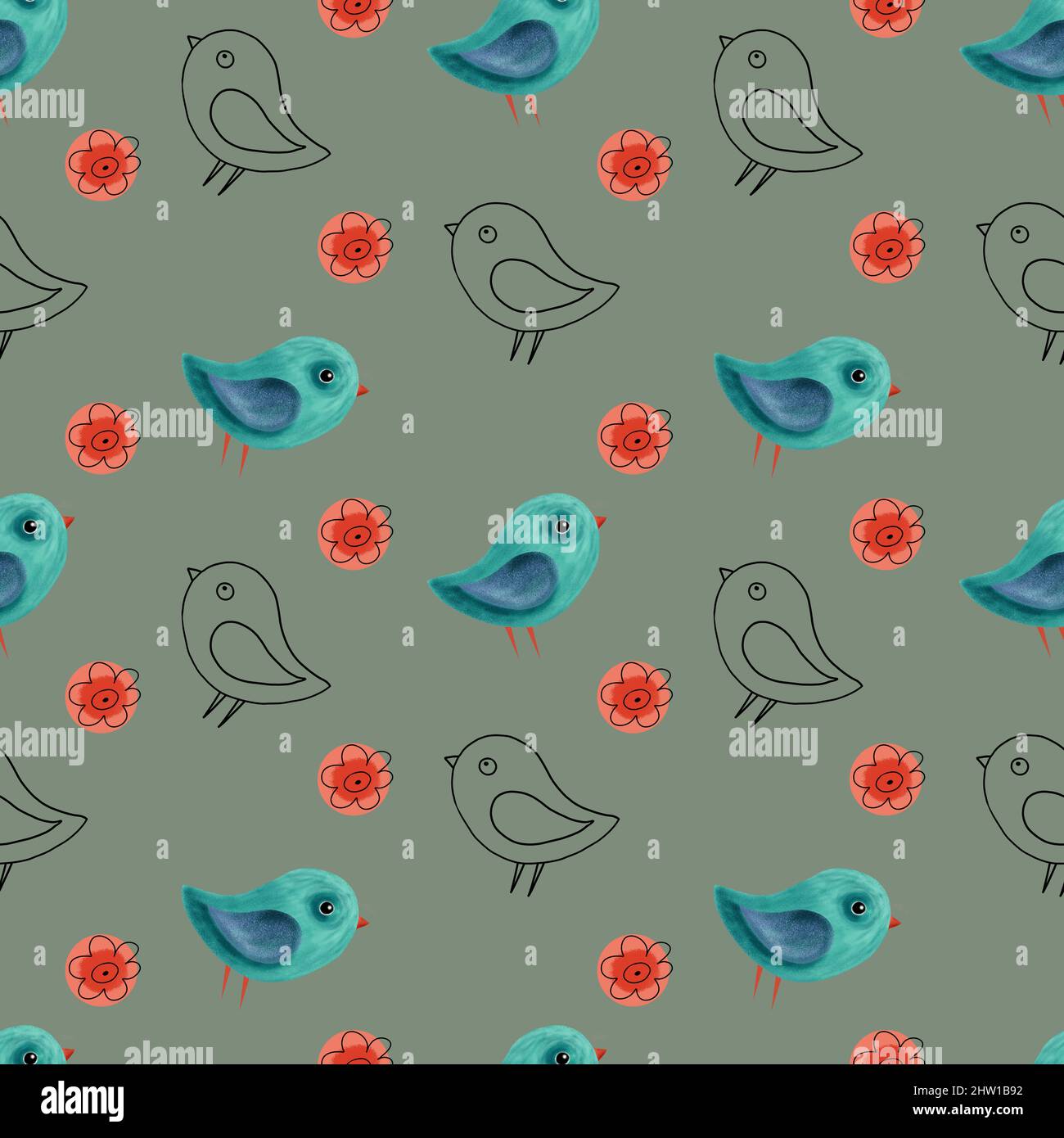 Seamless bird pattern, Colorful background, Blue bird print, Sage green ...