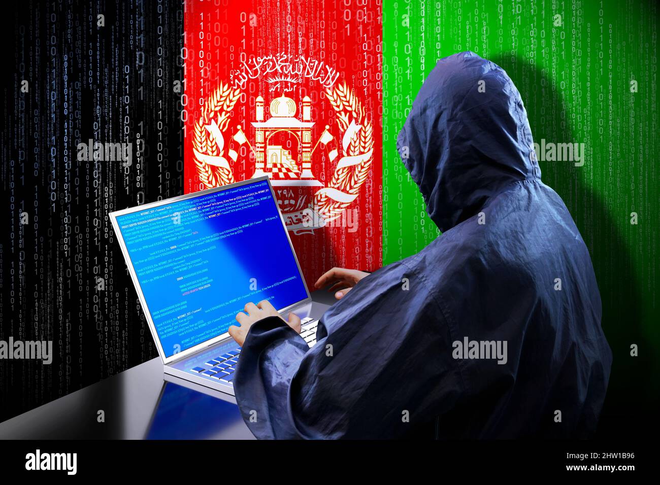 Anonymous hooded hacker, flag of Afghanistan, binary code - cyber attack concept Stock Photo - Alamy